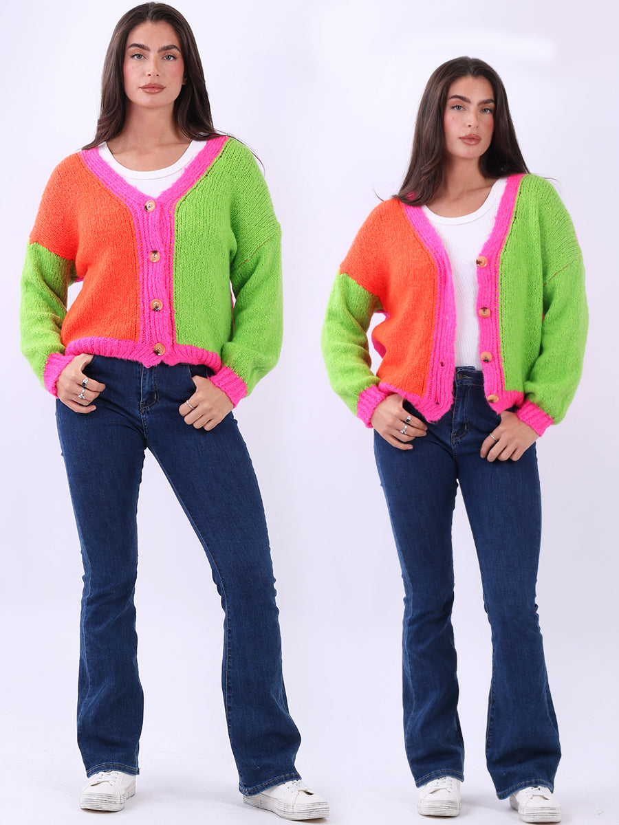 Drop Shoulder Chunky Knit Multi Color Button Down Crop Wooly Cardigan ...