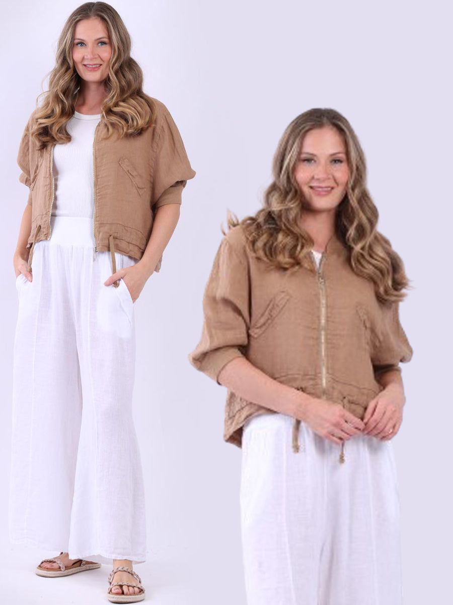 Italian Front Zipper Ladies Linen Drawstring Ribbed Hem Crop Jacket ...